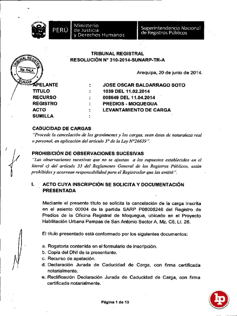 Resolucion 310 2014 Sunarp TR A LPDerecho | PDF