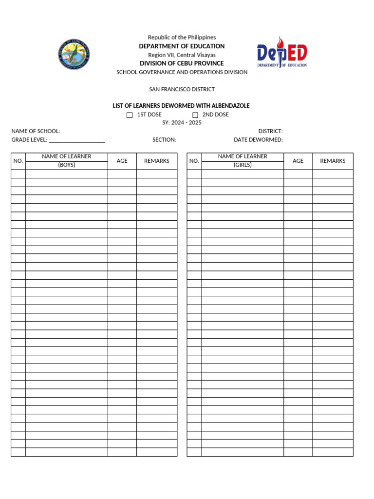 Deworming Form 2024 2025 | PDF