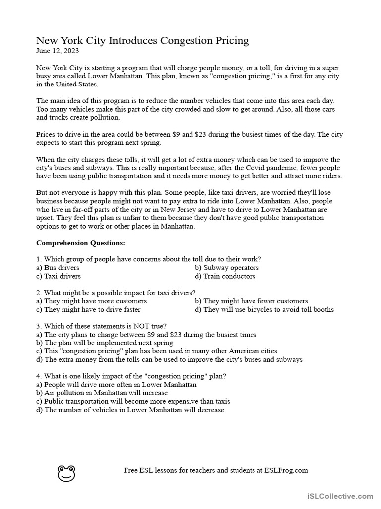 New York City Introduces Congestion Pricing - Reading Comprehension ...