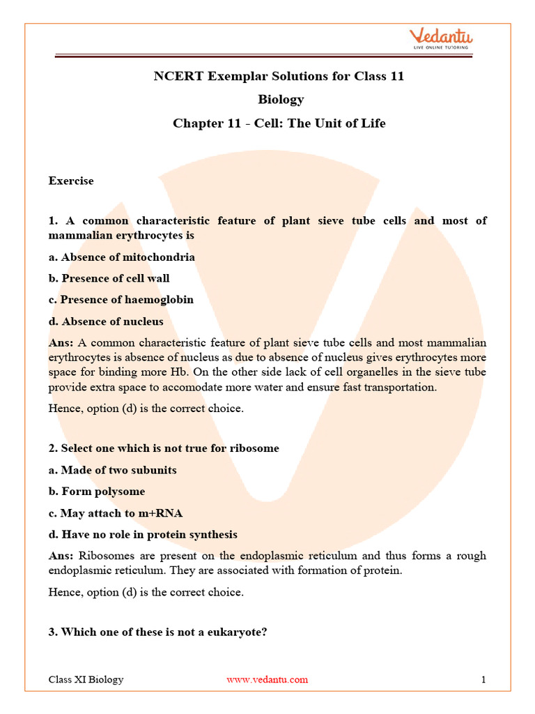 NCERT Exemplar For Class 11 Biology Chapter 8 - Cell The Unit of Life ...