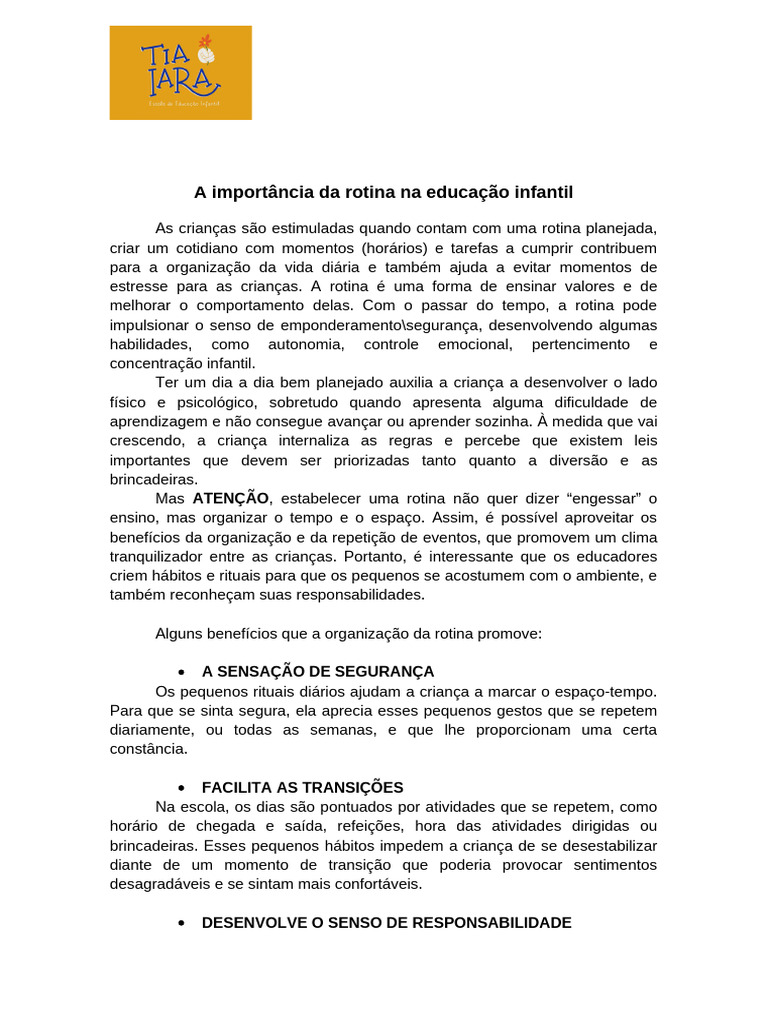 Importância da Rotina na Educação Infantil | PDF | Aprendizado | Pré-escola