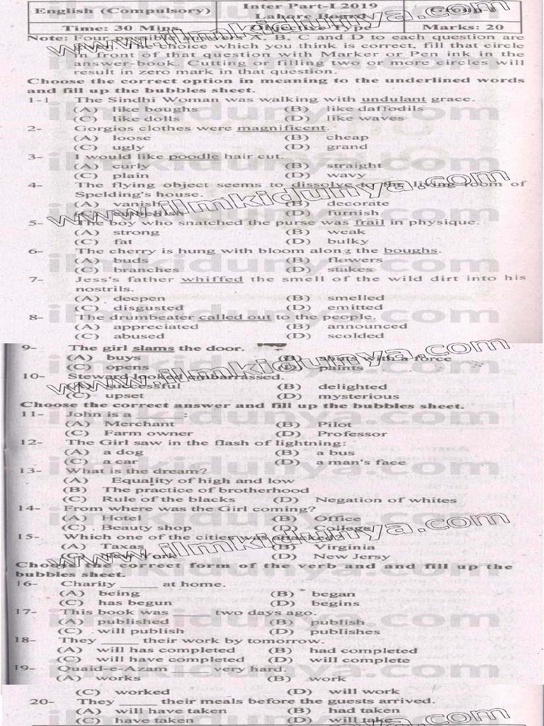 Past Papers 2019 Lahore Board Inter Part 1 English Compulsory Group I ...