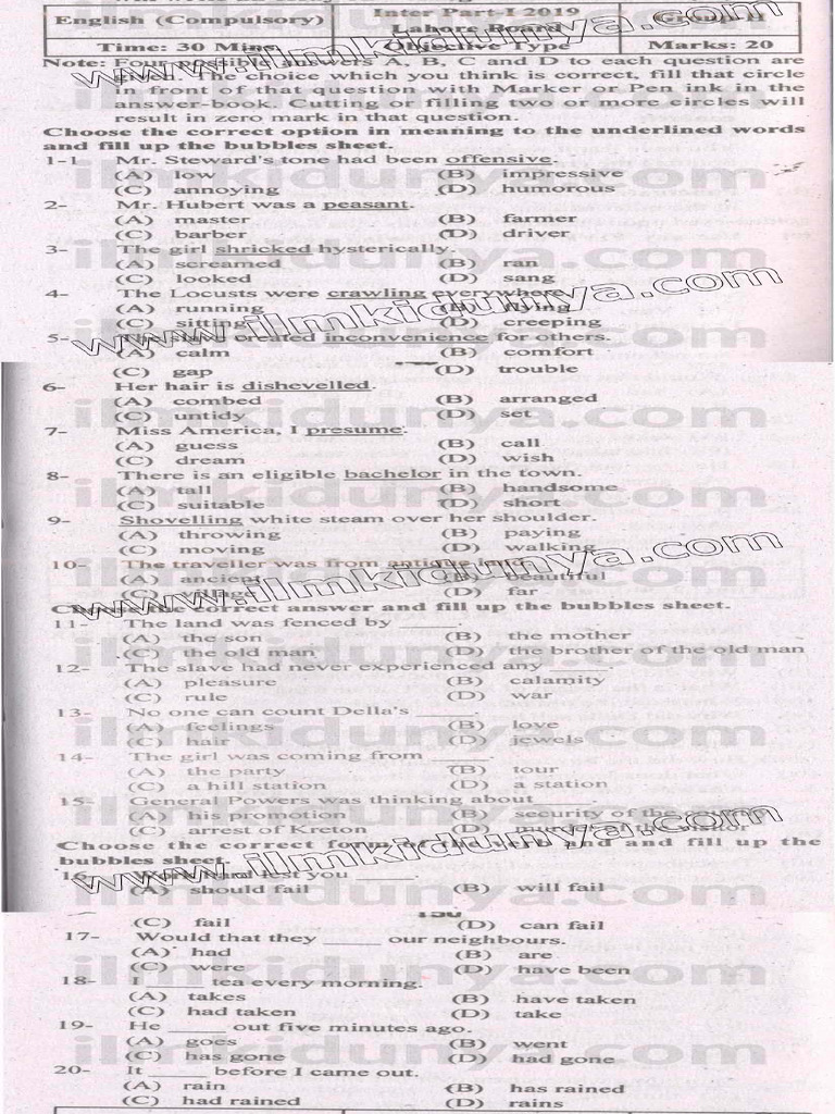 Past Papers 2019 Lahore Board Inter Part 1 English Compulsory Group II ...
