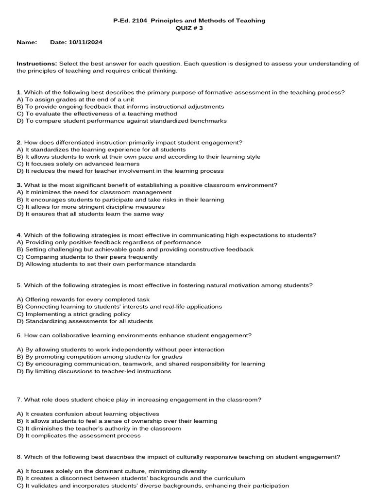 Teaching Principles Quiz: Formative Assessment | PDF | Educational ...