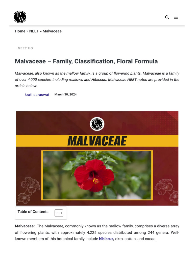 Malvaceae - Family, Classification, Floral Formula and Diagram | PDF | Flowers | Plants