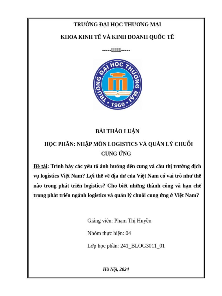 Bài thảo luận Nhập môn Logistics & CCU - Nhóm 4 | PDF