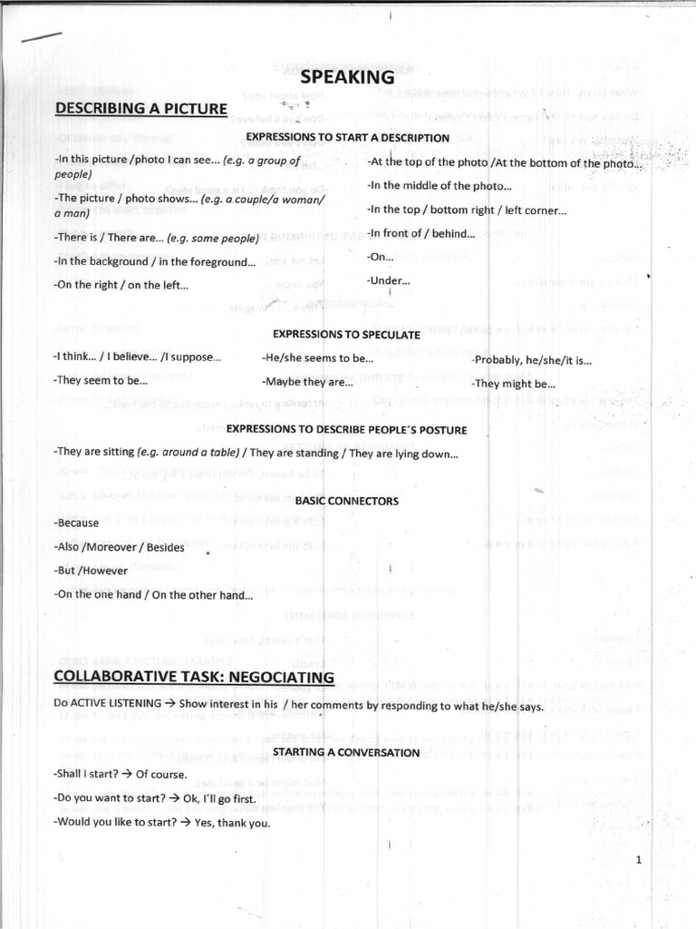 Speaking Tips and Useful Expressions. Describing A Picture and Collaborative Task, Negotiating | PDF