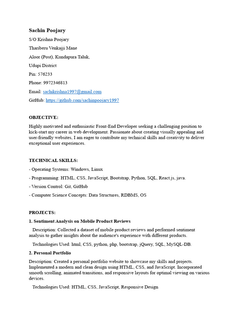 Aspiring Front-End Developer's CV | PDF
