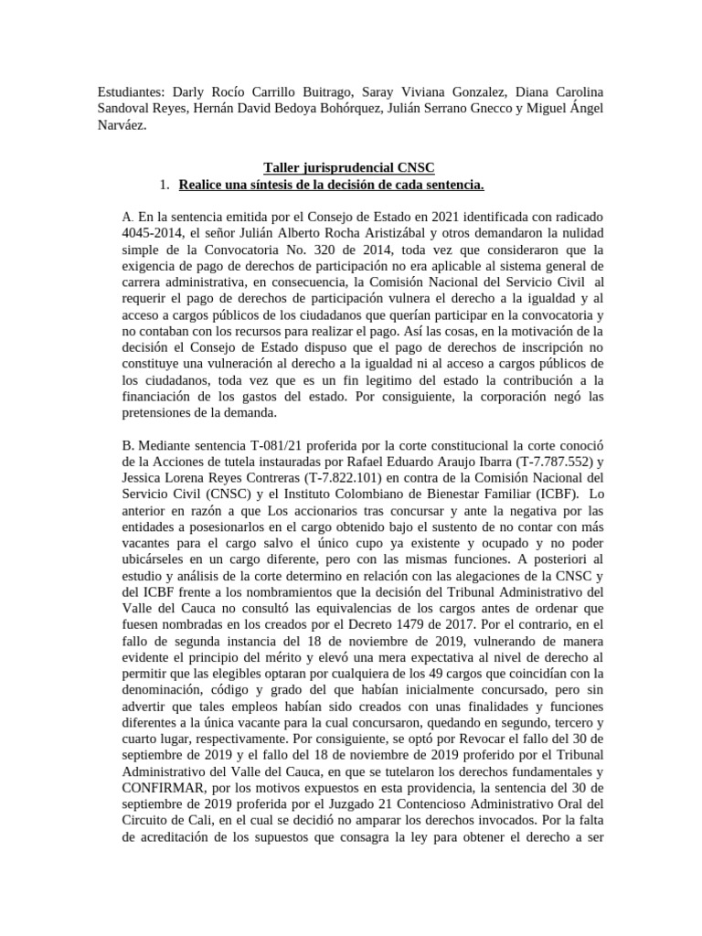 Taller Jurisprudencial CNSC | PDF | Sentencia (ley) | Justicia