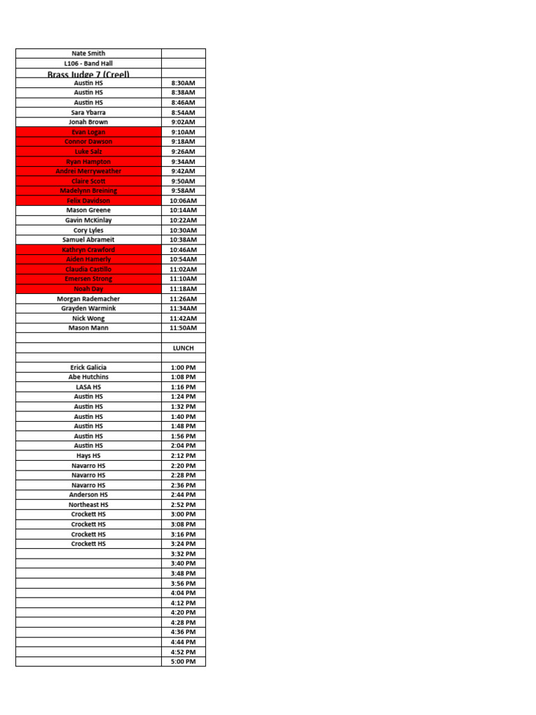 Region 18 Solo & Ensemble Schedule 2024 Bowie Version - XLSX - Google ...