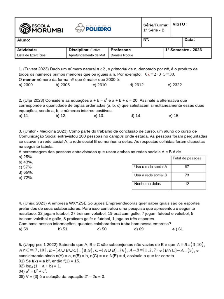 Eletiva - Aprofundamento de Mat - Lista 1 - Conjuntos | PDF | Chocolate