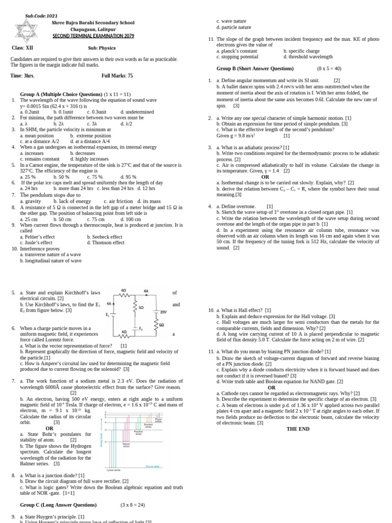 Physics XII Second Term Exam Set A | PDF | Electron | Waves