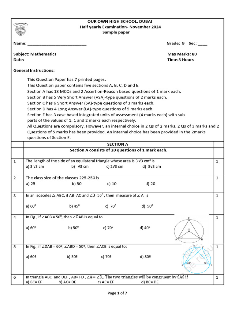 Grade 9 2024 Half Yearly Sample Paper Math | PDF | Triangle ...