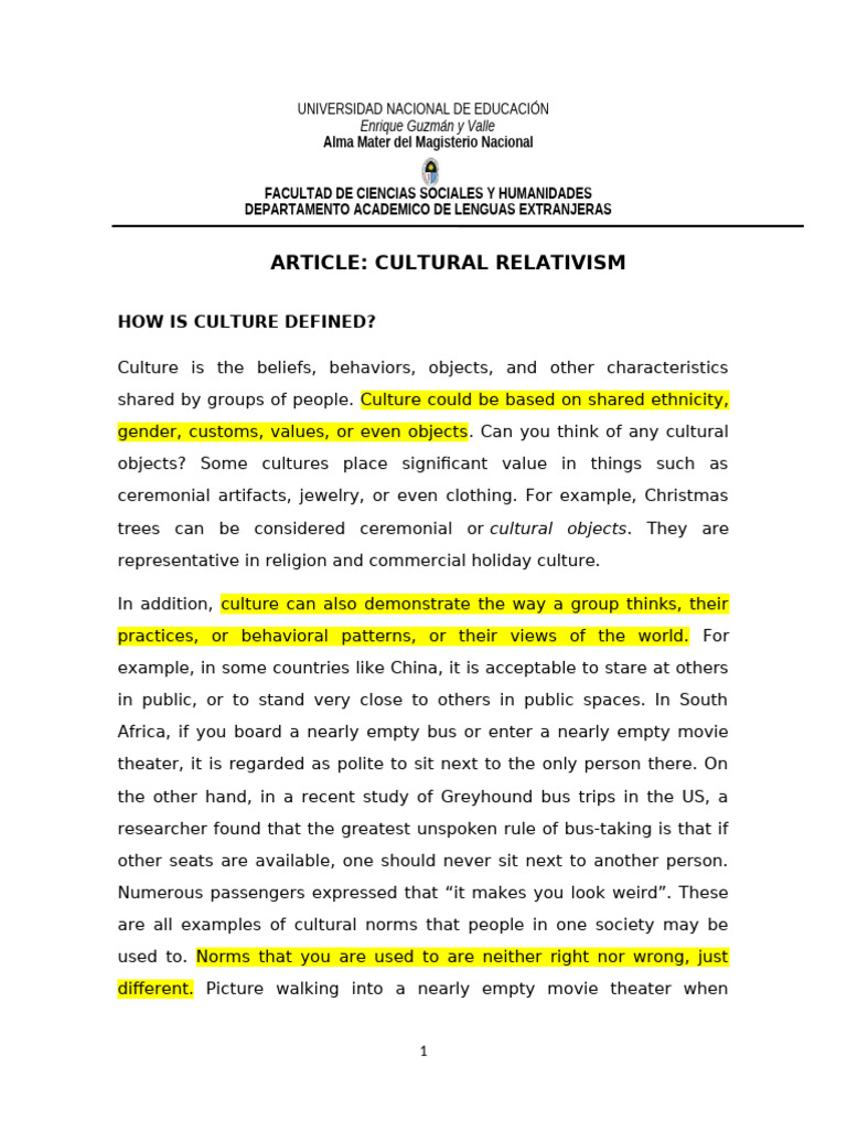 CULTURAL RELATIVISM ARTICLE Lesson 1 | PDF