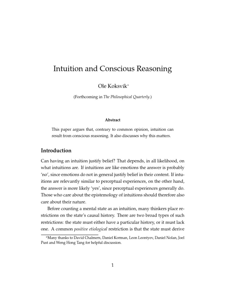Koksvik Intuition and Conscious Reasoning | PDF | Reason | Argument