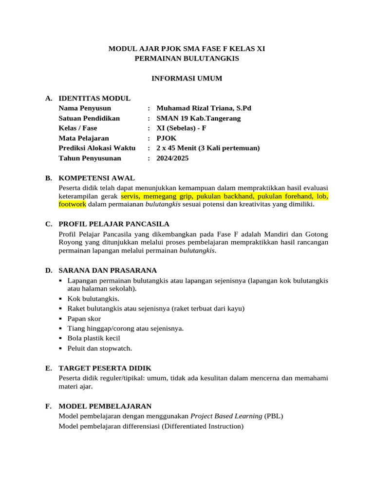 Modul Ajar Pjok Sma Fase F Kelas Xi | PDF | Karier & Perkembangan