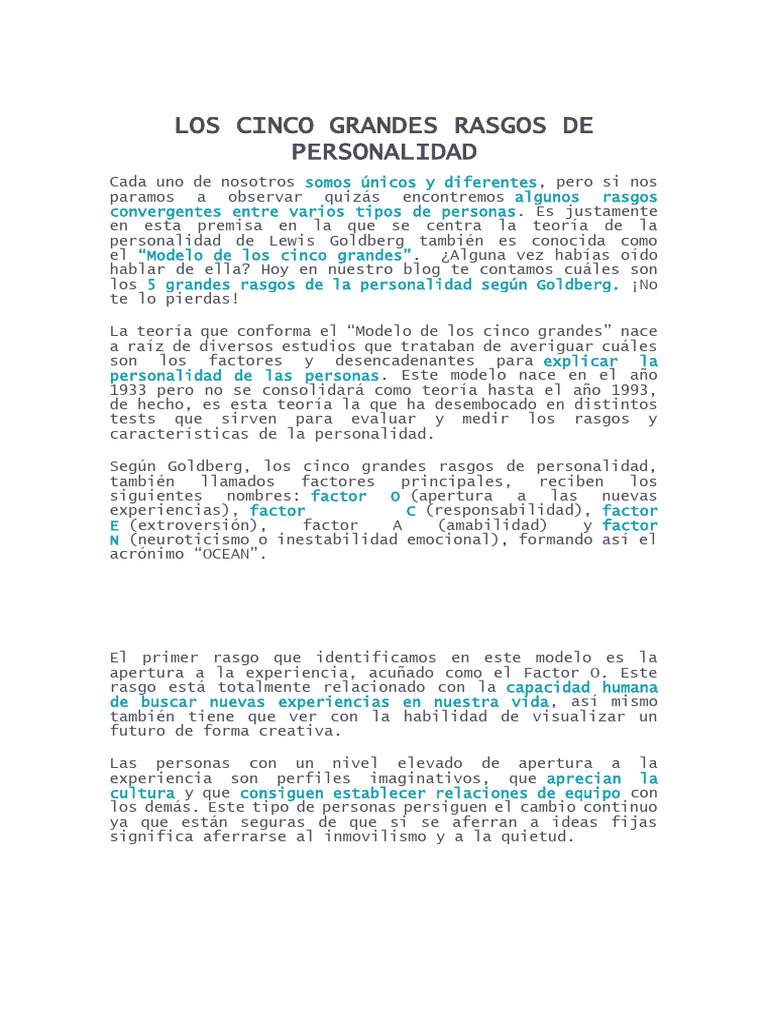 SEM 7 Los Cinco Grandes Rasgos de Personalidad Segun Goldberg | PDF ...