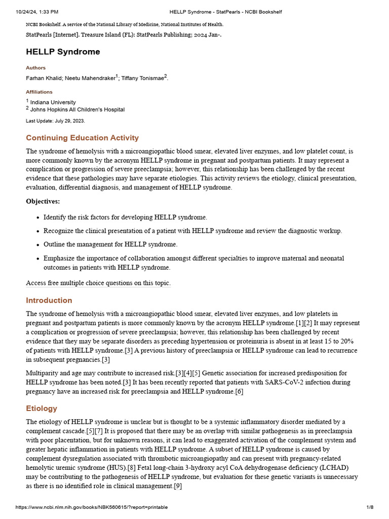 HELLP Syndrome - StatPearls - NCBI Bookshelf | PDF | Medical ...