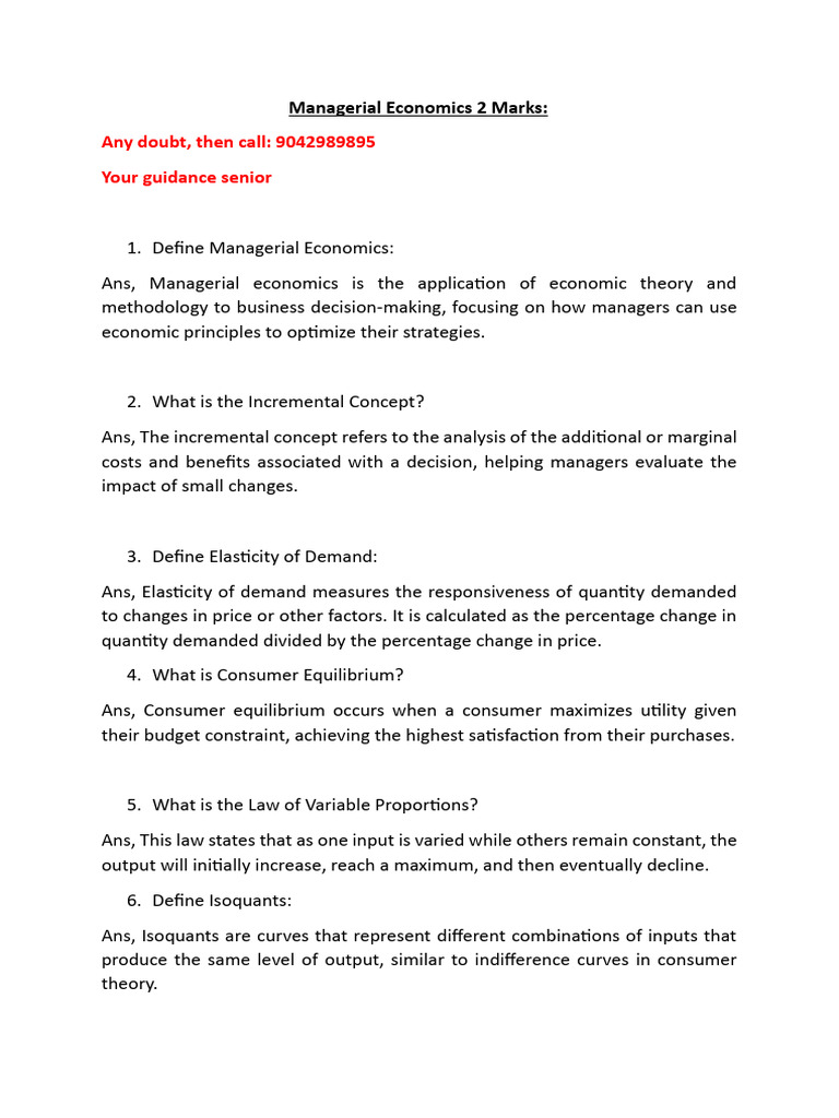 Managerial Economic 2 marks | PDF | Economics | Demand