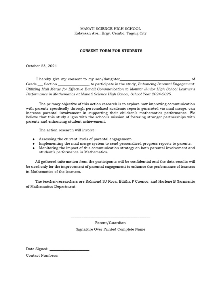 Parental Consent for Math Study | PDF