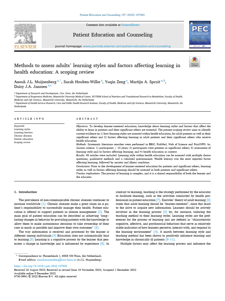 Methods To Assess Adults' Learning Styles and Factors Affecting ...