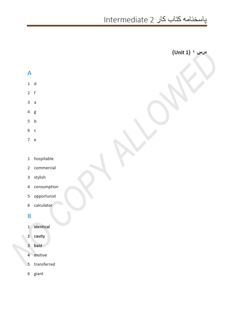 Intermediate 2 Workbook Answer Key Unit One | PDF