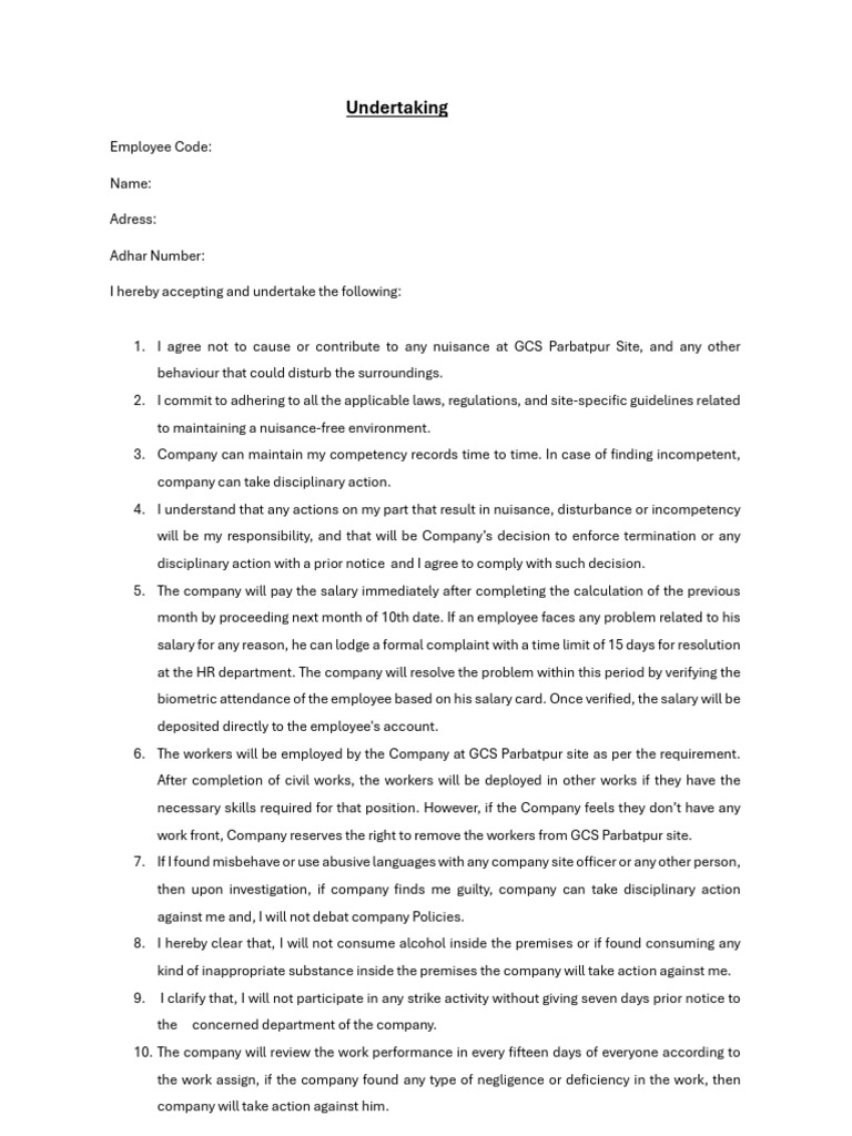 Undertaking From Employees PDF | PDF