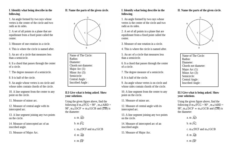 Circle Geometry Vocabulary Review | PDF | Circle | Angle