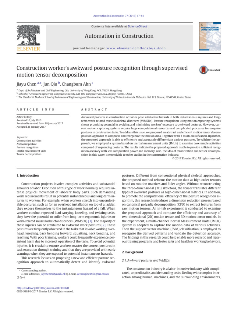 CHEN-Construction worker's awkward posture recognition through supervised motion tensor ...
