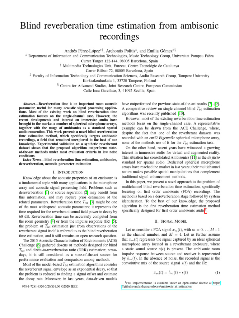 Blind Reverberation Time Estimation From Ambisonic Pdf Matrix
