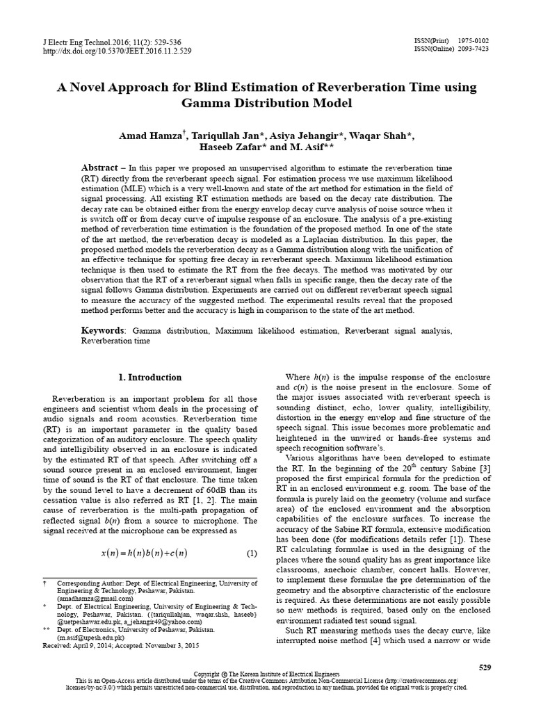 A Novel Approach For Blind Estimation of Reverberation Time Using Gamma Distribution Model | PDF ...