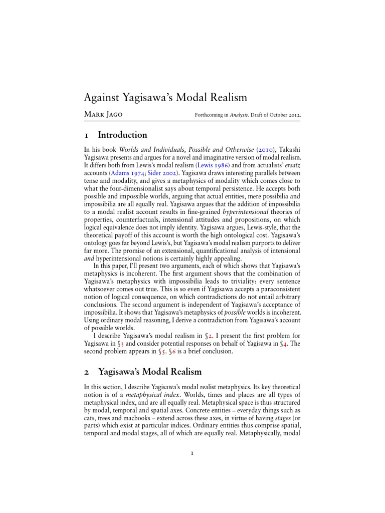 Critique of Yagisawa's Modal Realism | PDF | Modal Logic | Logical ...