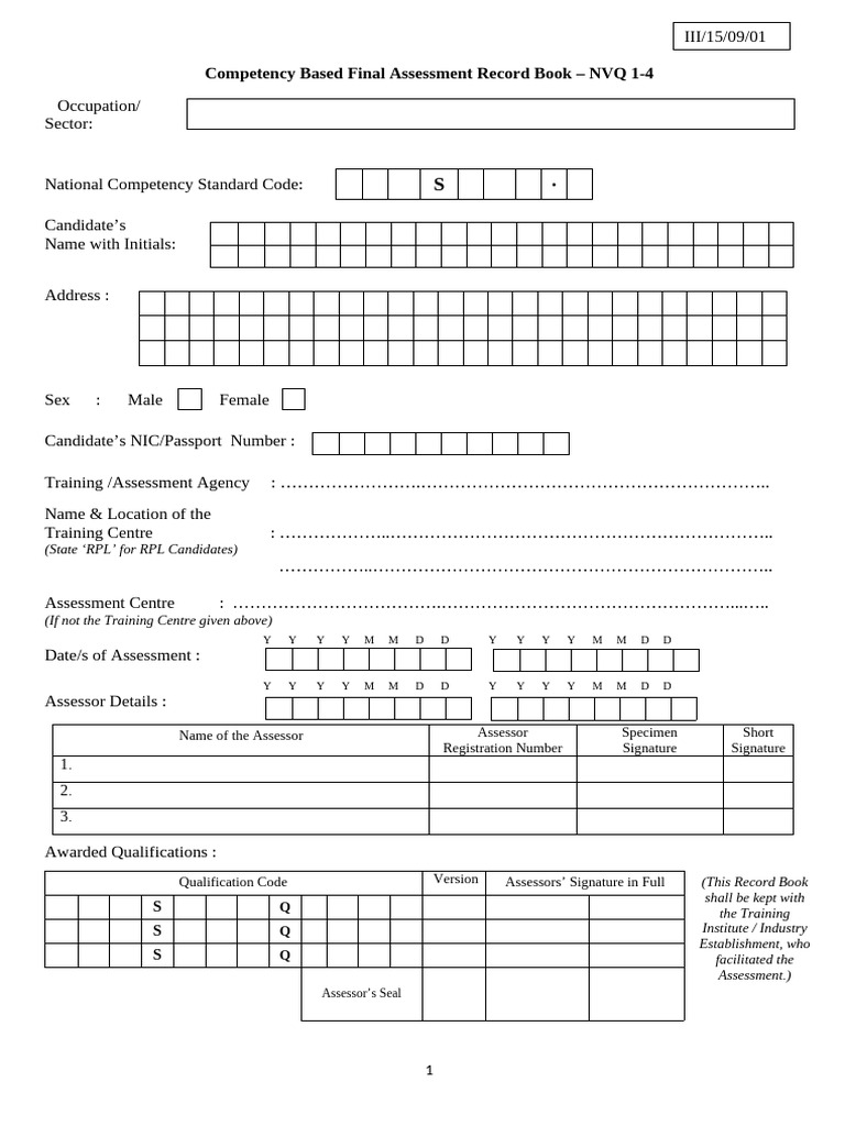 III 15-09-01 Assessment Record Book | PDF