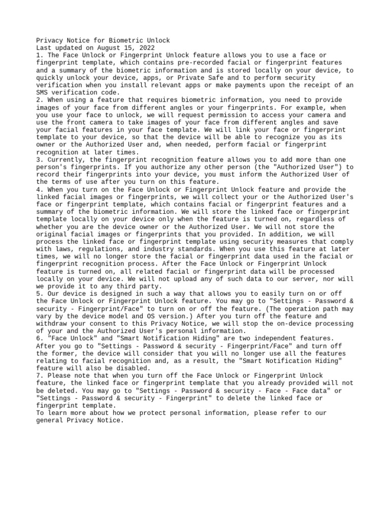 Privacy Notice For Biometric Unlock | PDF | Biometrics | Fingerprint