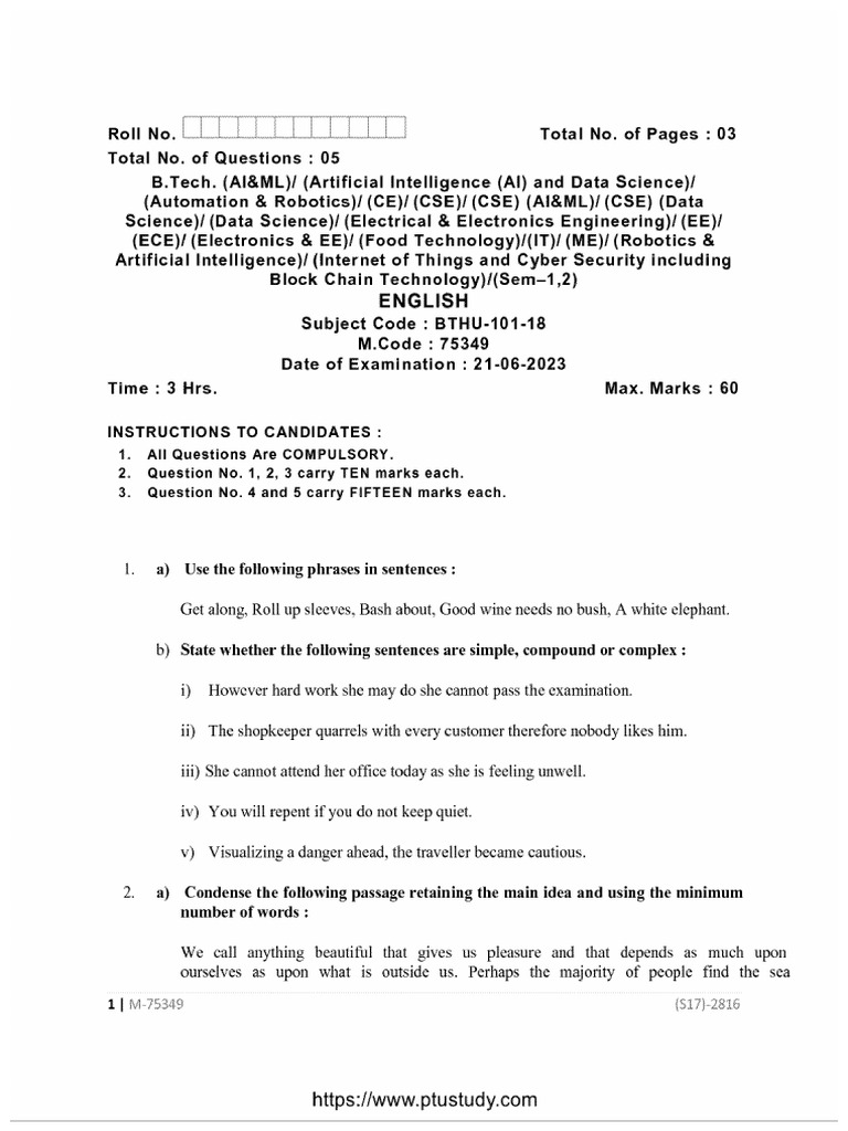 Btech 1 Sem 2 Sem English 75349 Jun 2023 | PDF