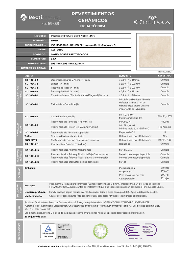 Ft-Celima-Pso RF Loft Ivory Mate 59x59!1!75m2-V1 | PDF | Materiales
