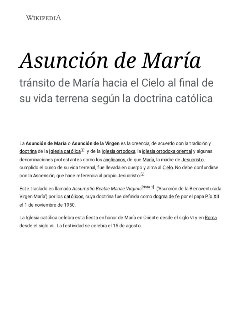 Asunción de María - Wikipedia, La Enciclopedia Libre | PDF | Creencia y ...
