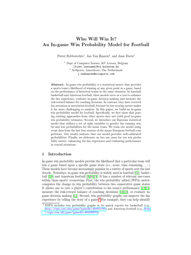 An In-Game Win Probability Model For Football | PDF | Logistic Regression | Prediction