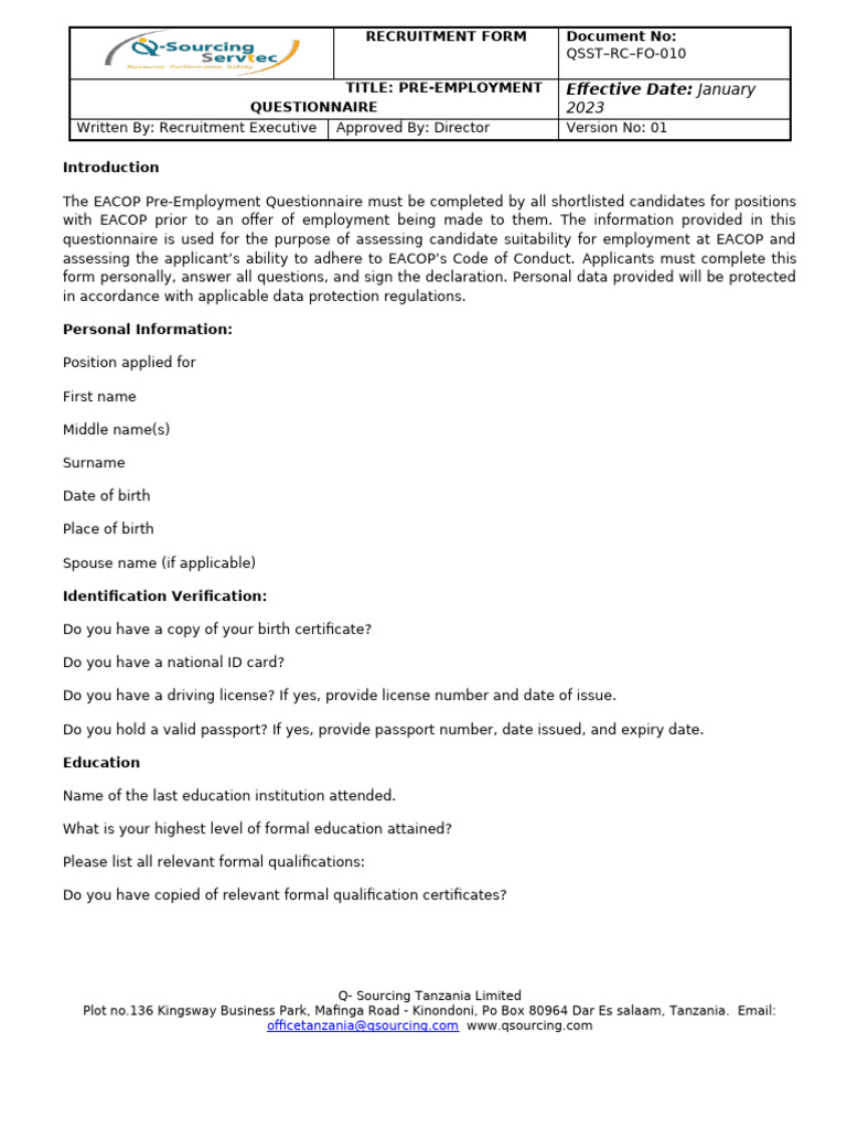 Pre-Employment Questionnaire | PDF | Identity Document | Justice