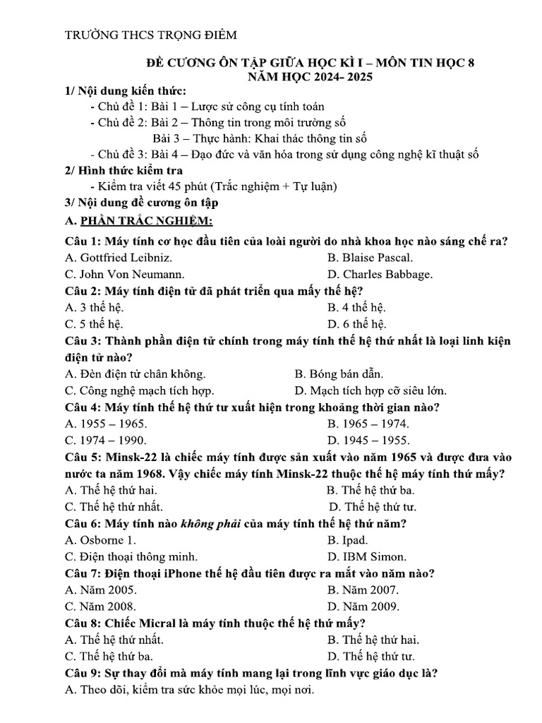 Đề Cương GK1- Tin Học 8 | PDF