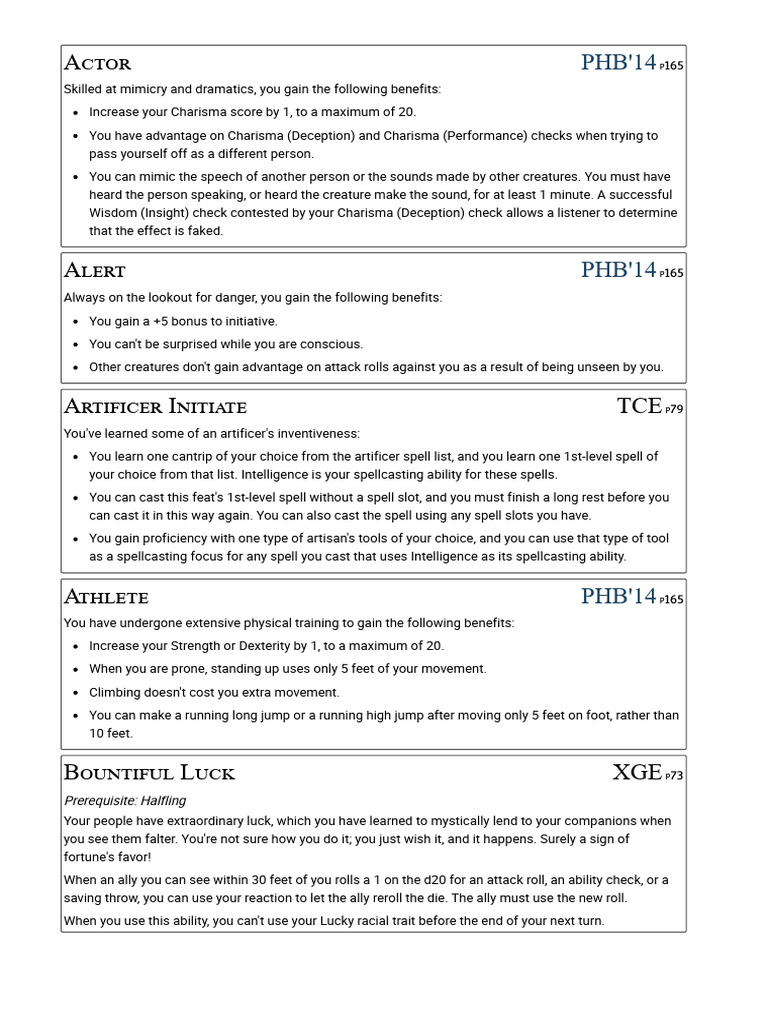 Rulebook Feats PHB14 XGE TCE | PDF | Dungeons & Dragons | Gary Gygax Games