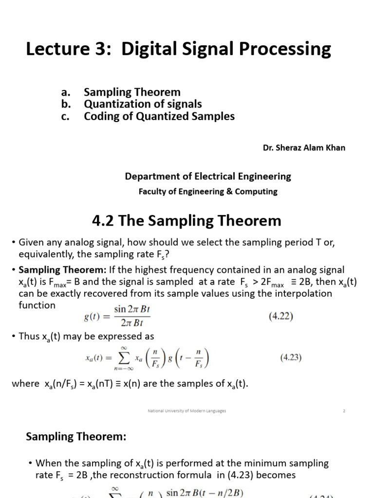 Lec 3 - Chap 1 - Sampling Theorem and Qunatization - Proakis - F24 | PDF | Sampling (Signal ...