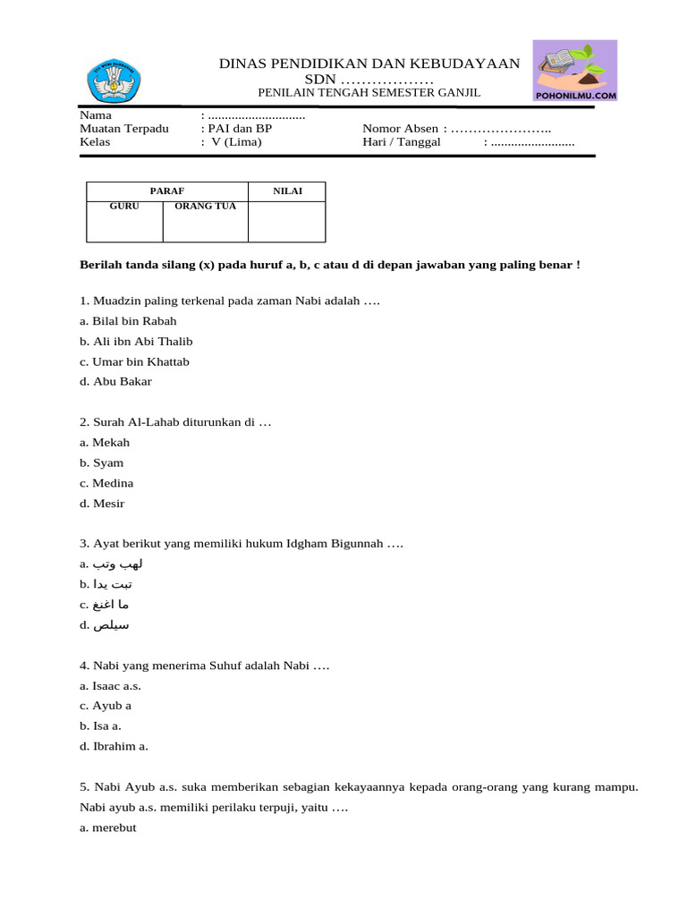 Soal & Jawaban PTS PAI Kelas 5 Ganjil | PDF