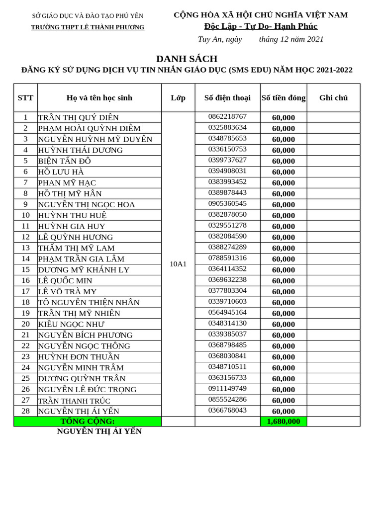 Mau Nhap DS Dang Ky SD Dich Vu Tin SMS Edu Nam 2021-2022 | PDF
