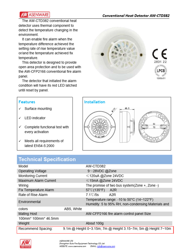 Conventional Heat Detector AW-CTD 382 | PDF