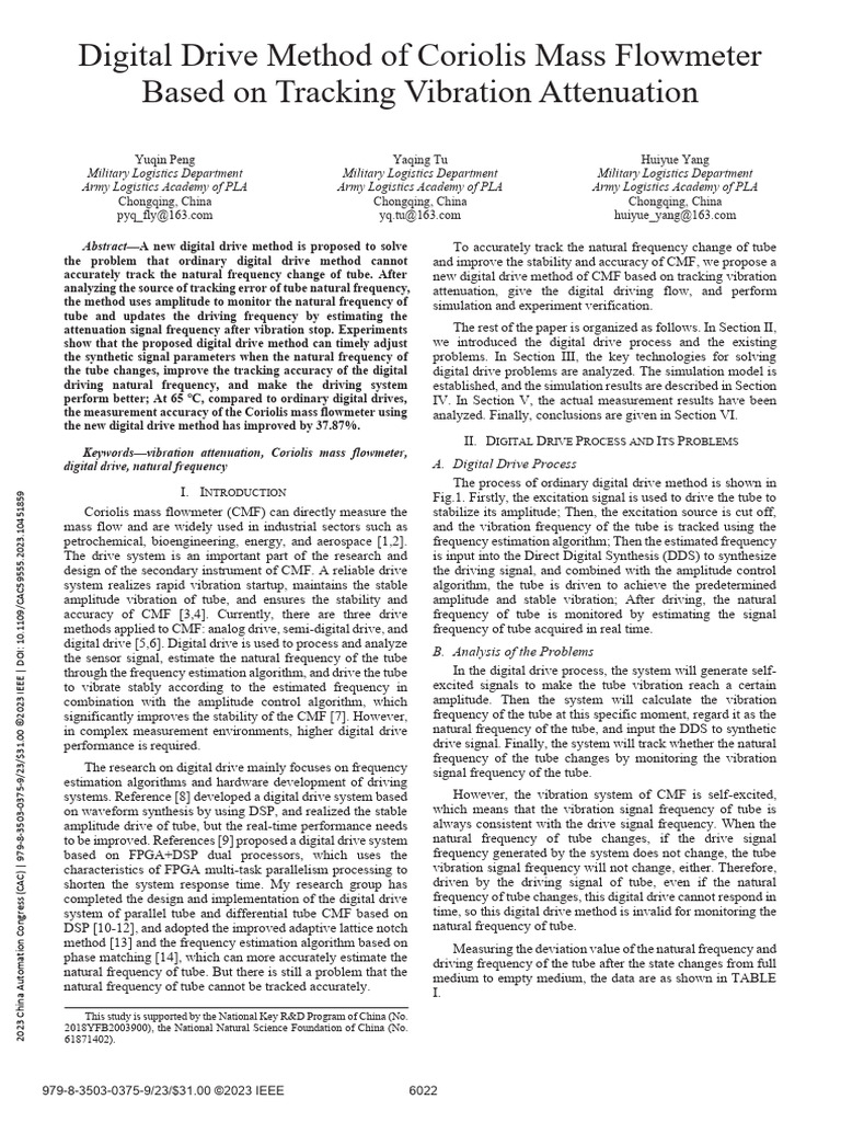 Digital Drive Method of Coriolis Mass Flowmeter Based on Tracking Vibration Attenuation | PDF ...