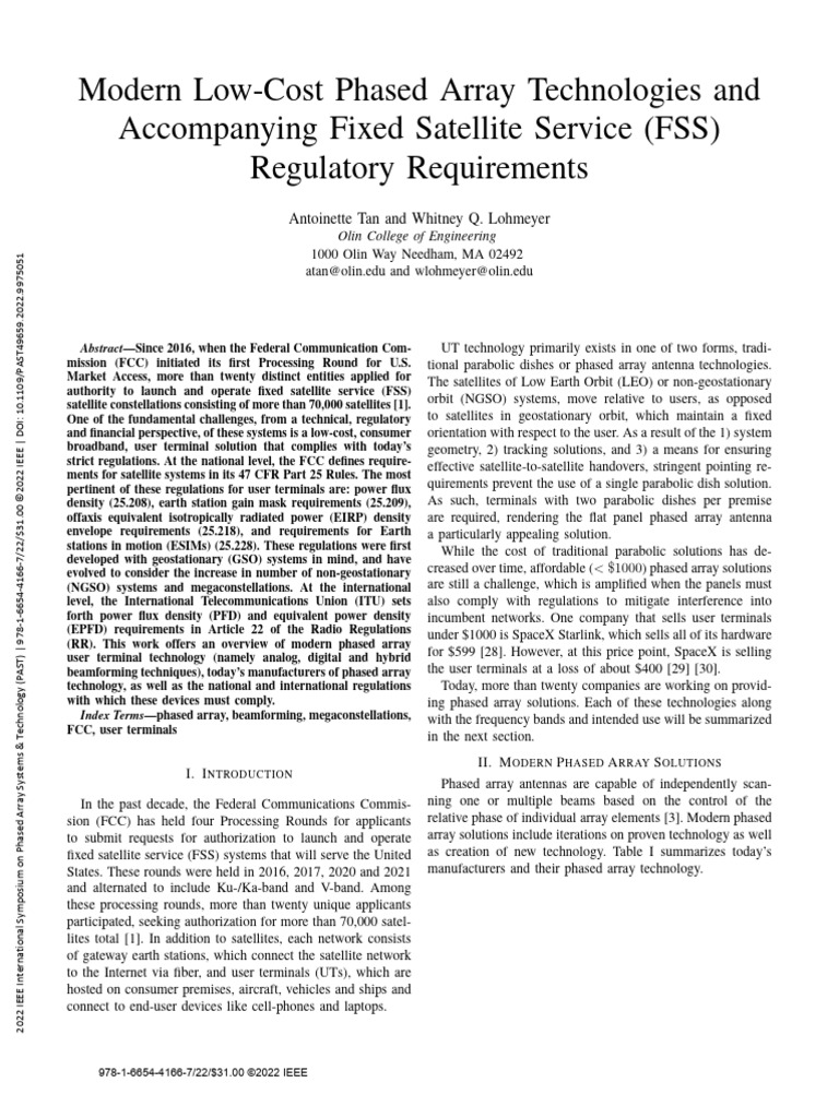 Modern Low-Cost Phased Array Technologies and Accompanying Fixed Satellite Service FSS ...