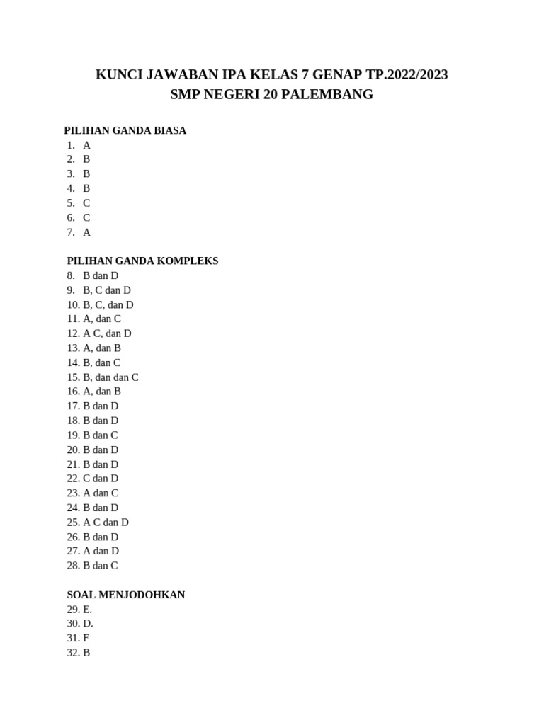 Kunci Jawaban Ipa Kelas 7 Genap Tp. 2022-2023 | PDF | Metode & Bahan Ajar | Seni