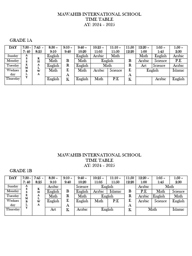 Time Table Grade 1 | PDF