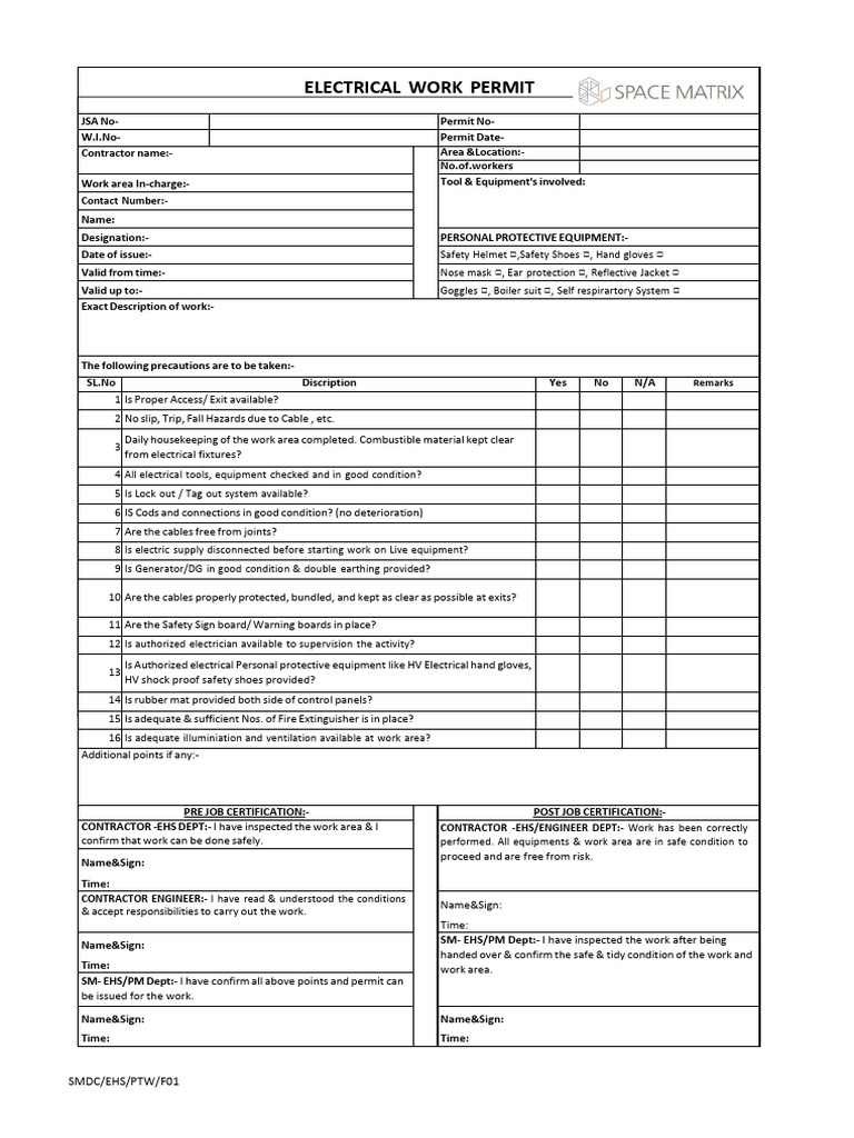 SM - Electrical Work Permit | PDF | Personal Protective Equipment ...